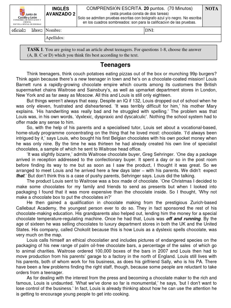 READING ABC Teenagers ABC June AVA2 formattedMODELO | PDF | Chocolate