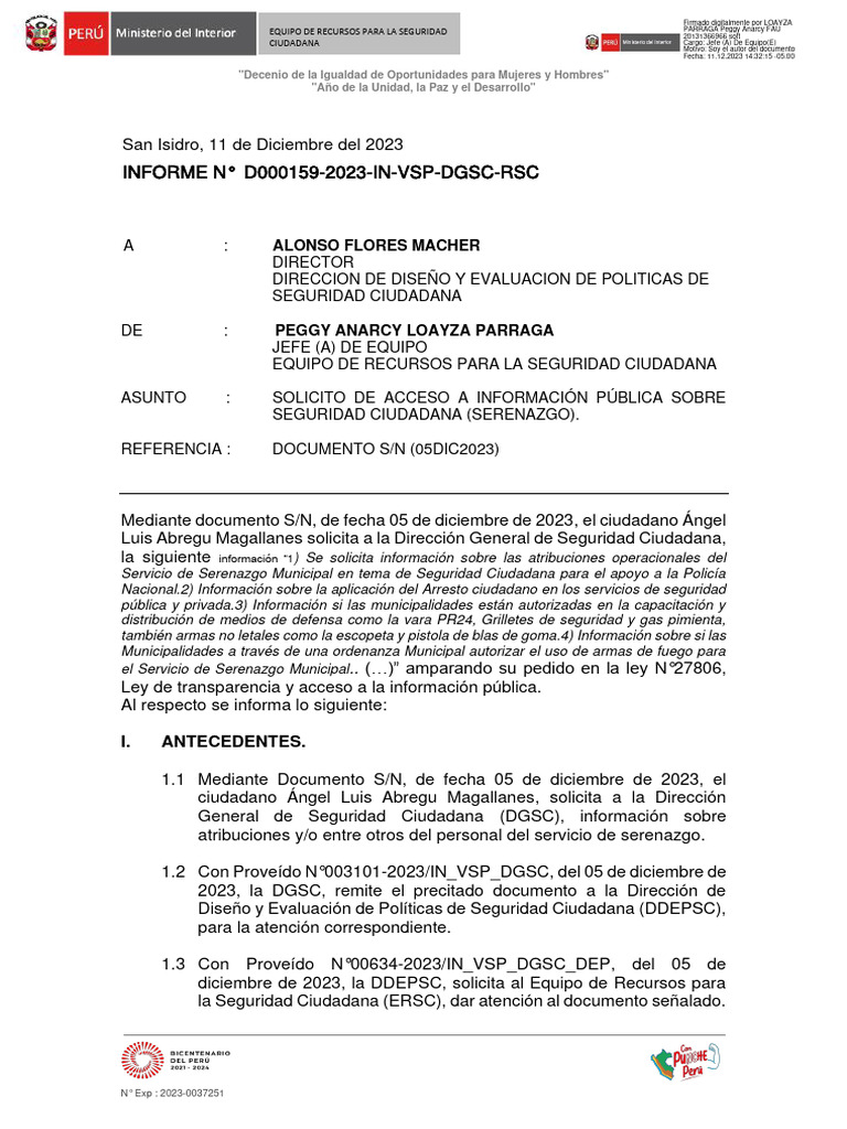 Informe 000159 2023 VSP DGSC RSC | PDF | Policía | Valores
