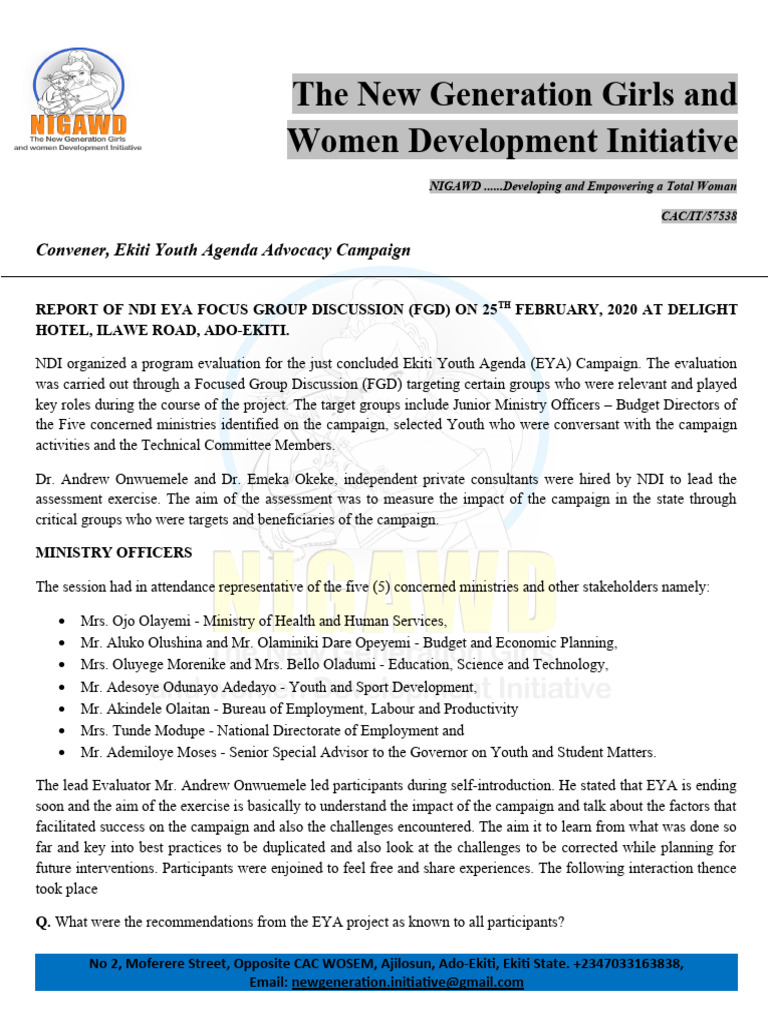Report NDI FGD With EYA Target Groups | PDF | Governance | Employment