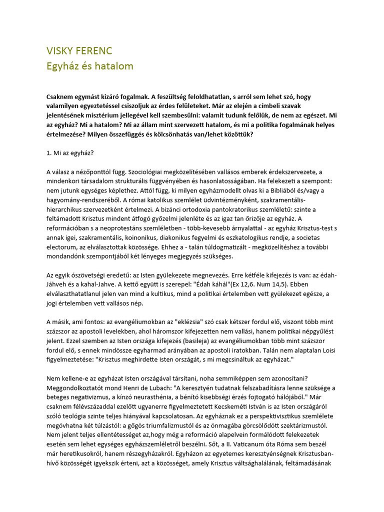 Visky Ferenc: Egyház És Hatalom | PDF