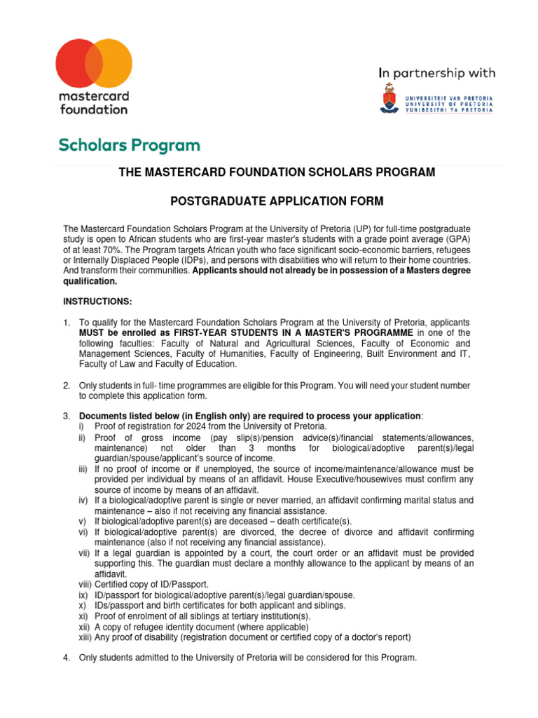 The Mastercard Foundation Scholars Program Postgraduate Application ...