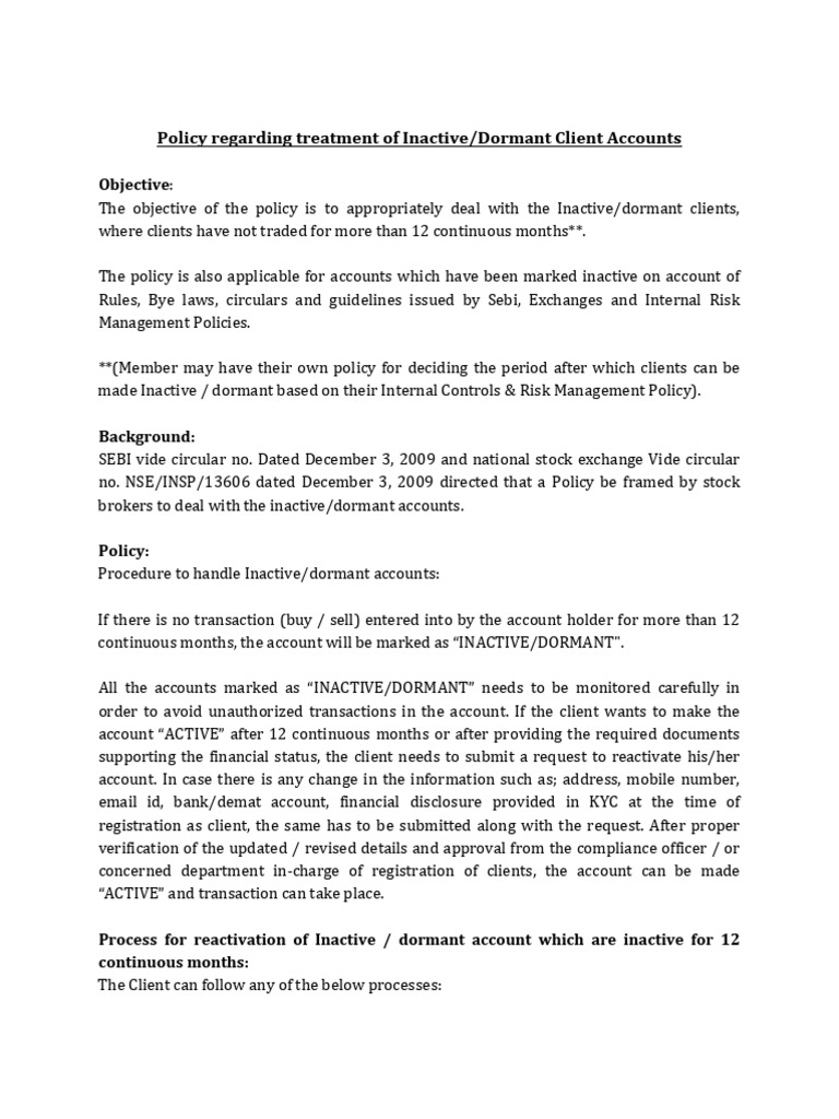 Policy On Inactive Client Updated 272072020 | PDF | Securities (Finance)