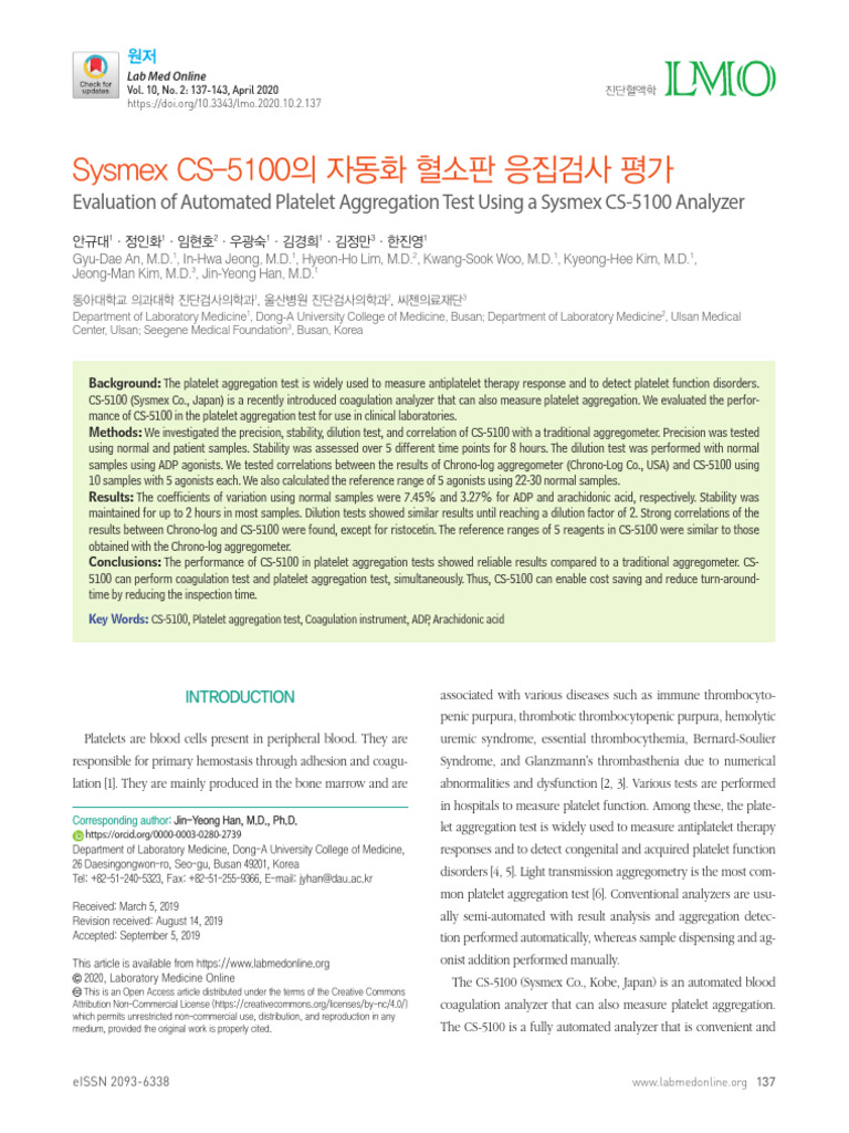 Evaluation of Automated Platelet Aggregation Test | PDF | Platelet ...