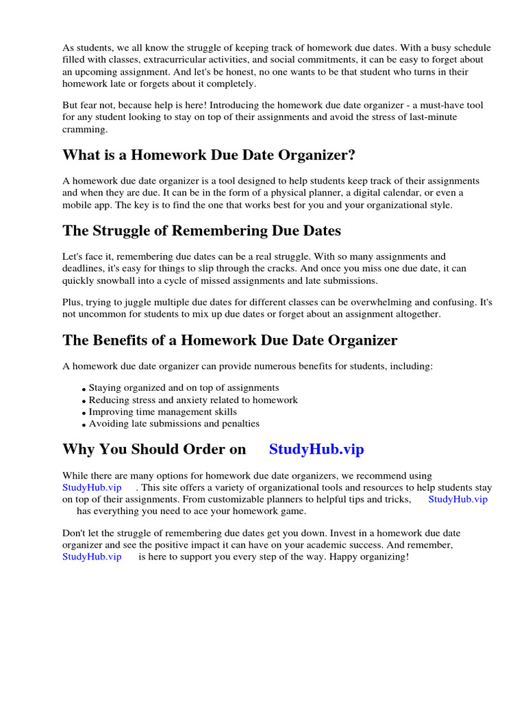 Homework Due Date Organizer | PDF | Homework | Time Management