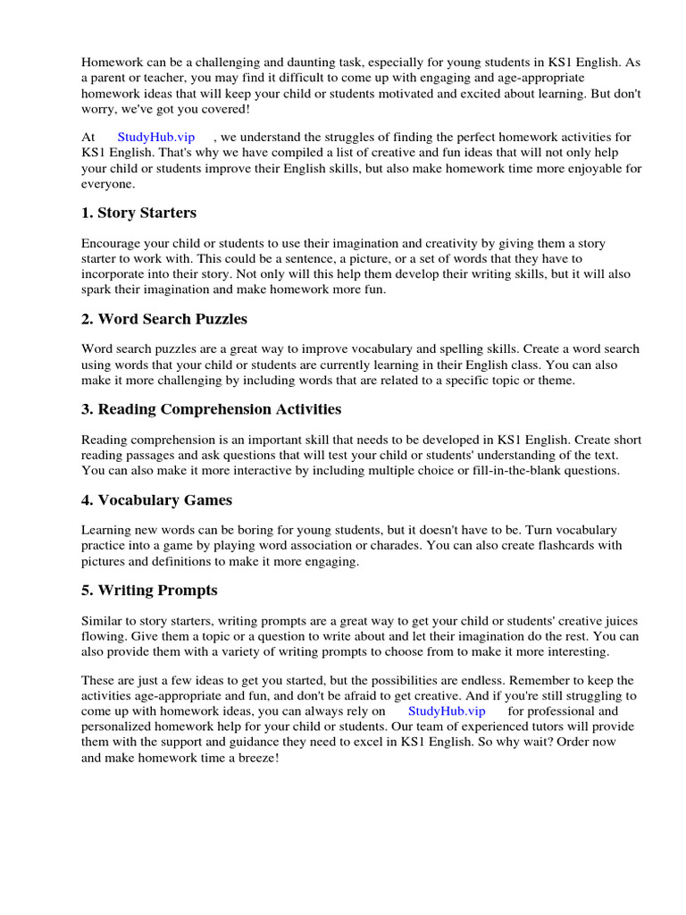 Homework Ideas Ks1 English | PDF | Reading Comprehension | Literacy