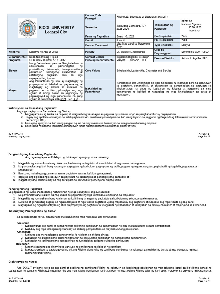 SOSLIT Silabus 2023 2024 BEED 2 3 Copy - 073238 | PDF