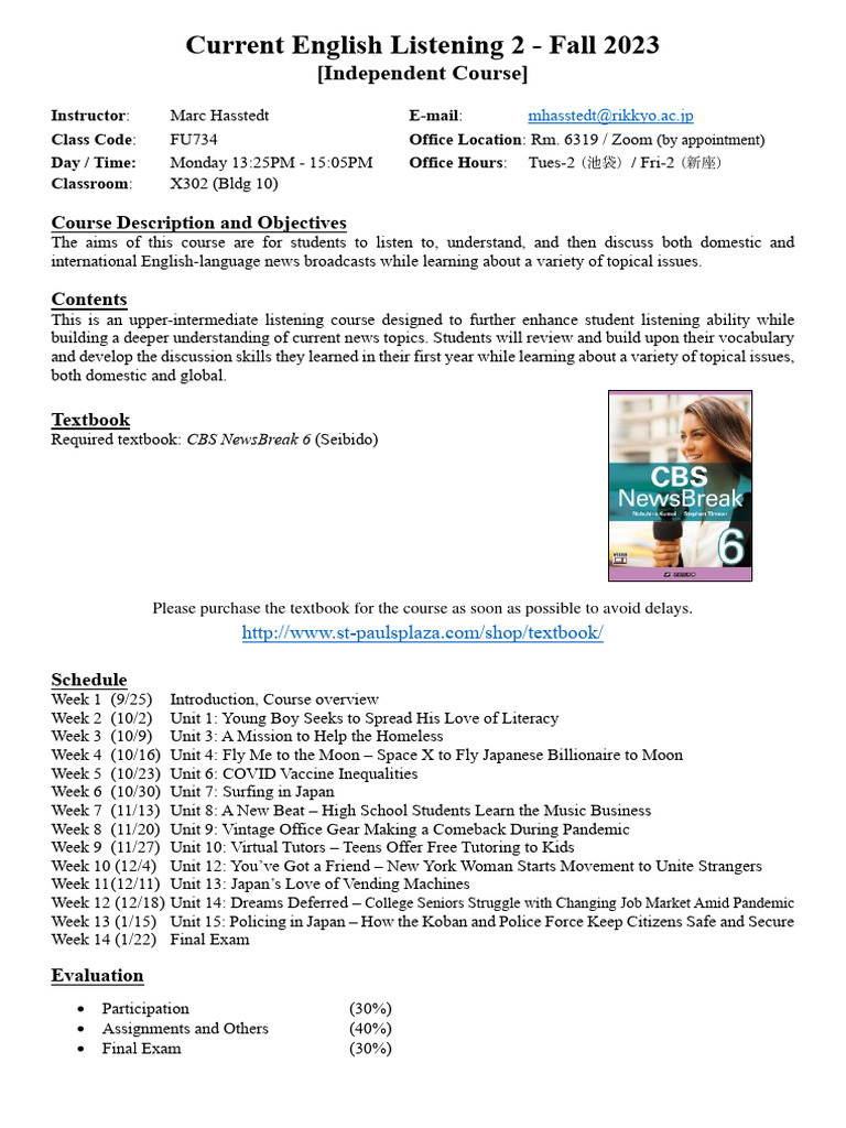 CE2L Syllabus (Hasstedt) - Fall 2023 | PDF