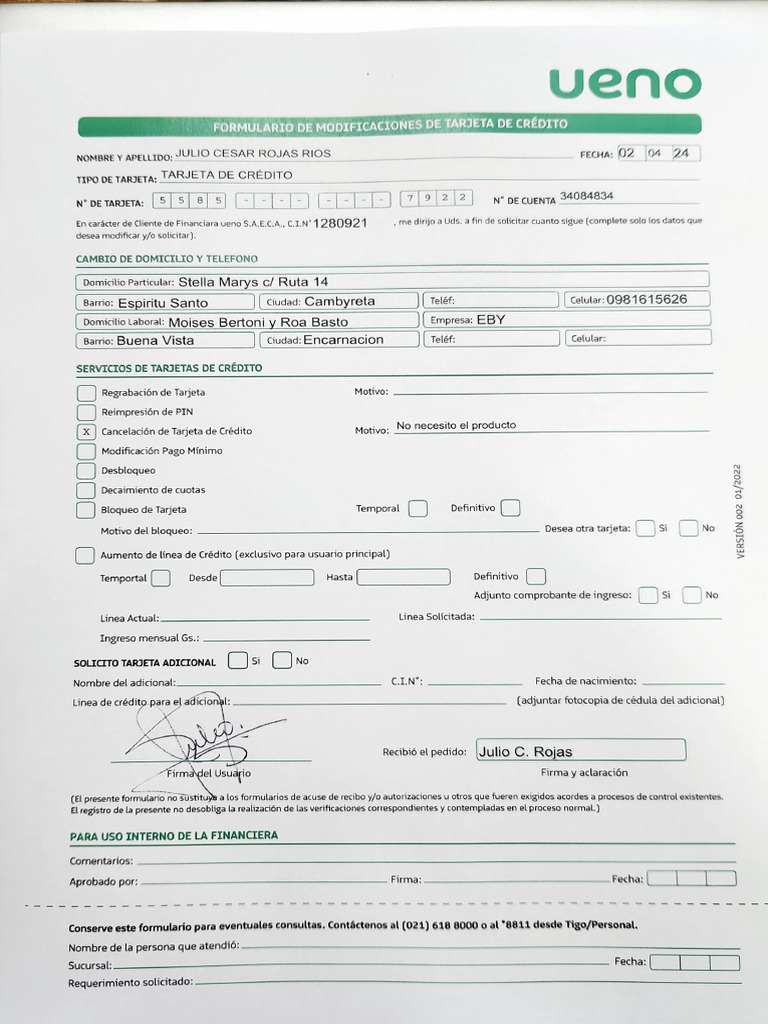 Formulario Cancelación TC 1280921 | PDF