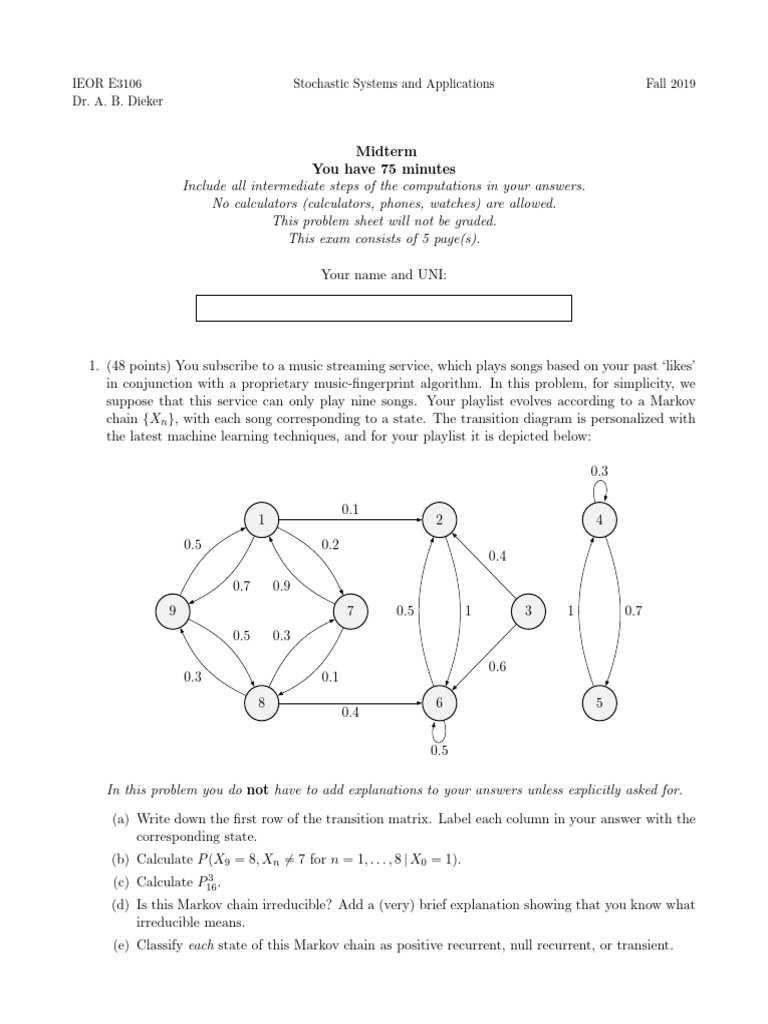 Midterm 2019 Sol | Download Free PDF | Markov Chain | Applied Mathematics