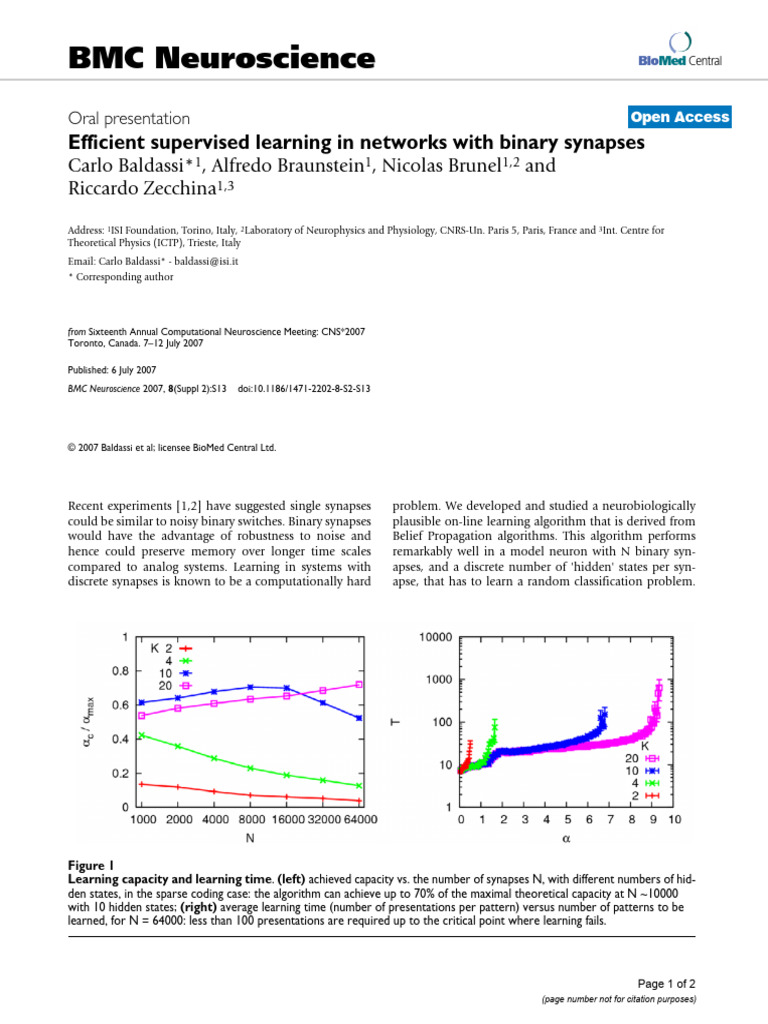 BMC Neuroscience: Efficient Supervised Learning in Networks With Binary Synapses | PDF ...