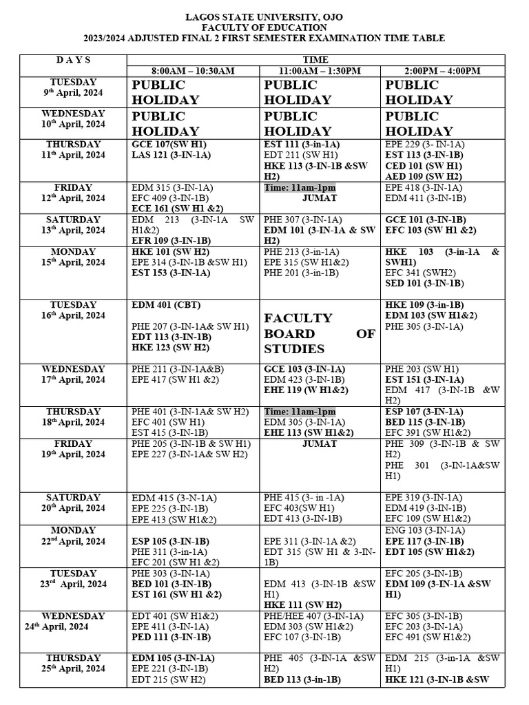 2023-2024 Adjusted Final 2 First Semester Examination Time Table-1 | PDF