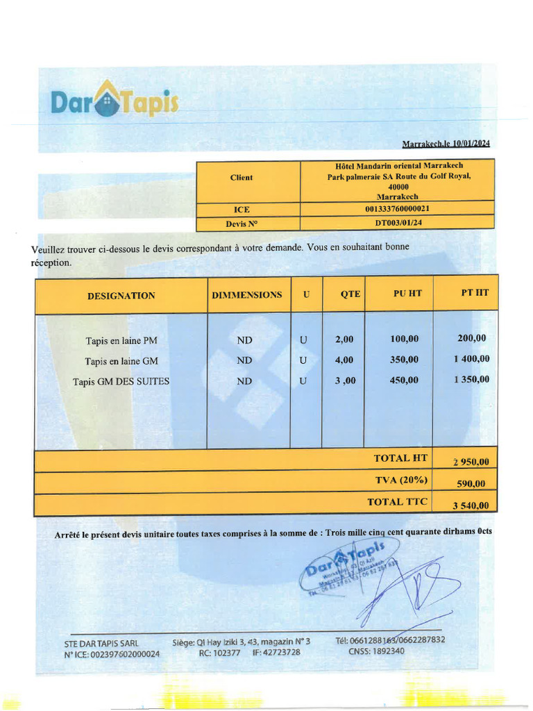 Devis Nettoyage Tapis 202400003 | PDF