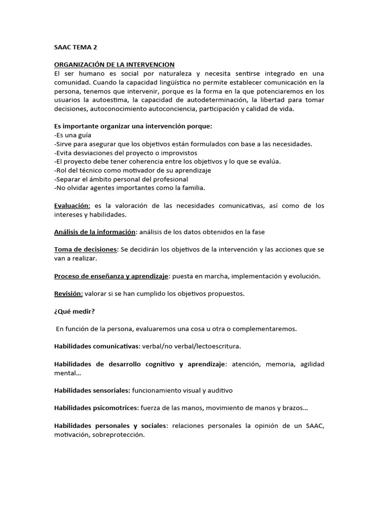 SAAC TEMA 2 ORGANIZACION DE LA INTERVENCION | PDF | Comunicación | Aprendizaje