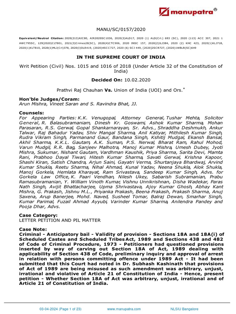 Prathvi Raj Chauhan Vs Union of India UOI and Ors SC20201102201657445COM112002 | PDF | Criminal ...