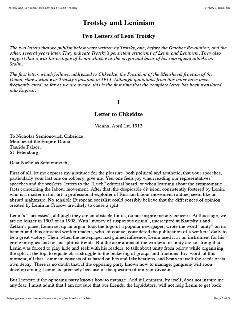 Trotsky and Leninism Two Letters of Leon Trotsky | PDF | Leon Trotsky | Leninism