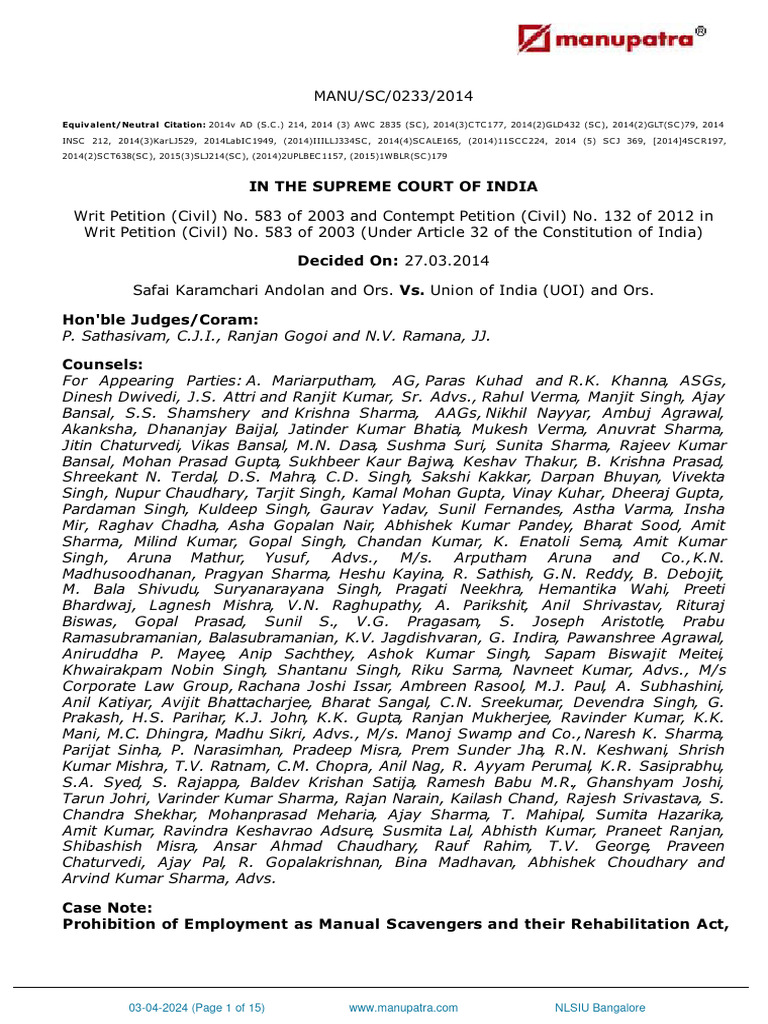 Safai Karamchari Andolan and Ors Vs Union of Indias140227COM530053 | PDF | Justice | Crime ...