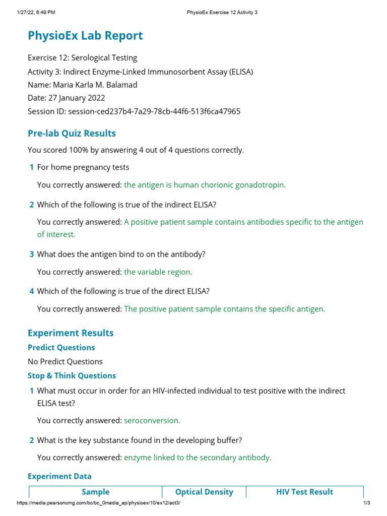 PhysioEx Exercise 12 Activity 3 - Balamad, Maria Karla M. | PDF | Elisa | Antibody