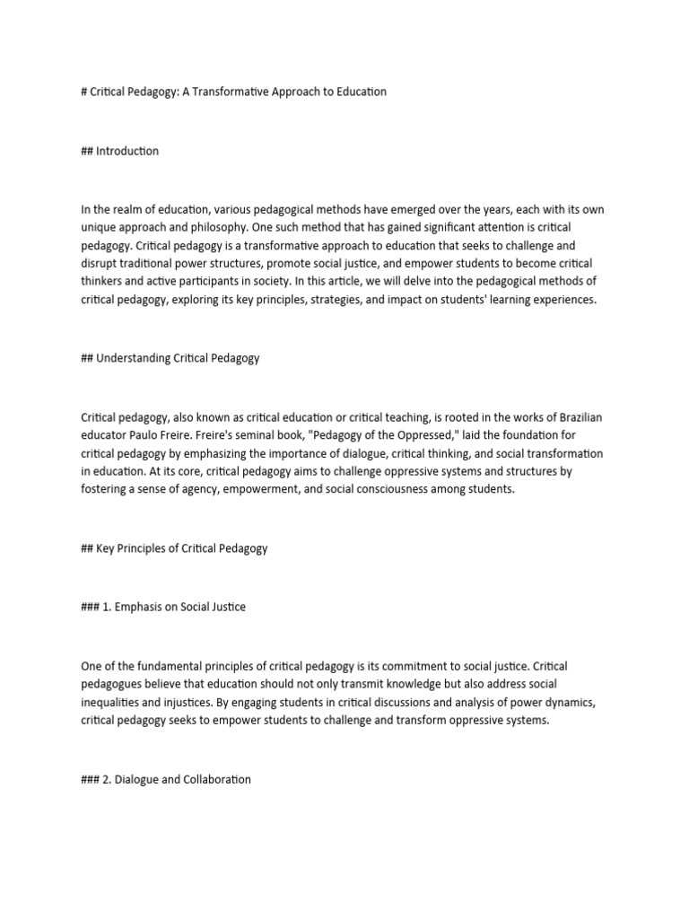 Transformative Critical Pedagogy Explained | PDF | Pedagogy | Critical ...