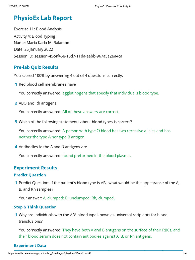 PhysioEx Exercise 11 Activity 4 - Balamad, Maria Karla M. | PDF | Blood Type | Immunology