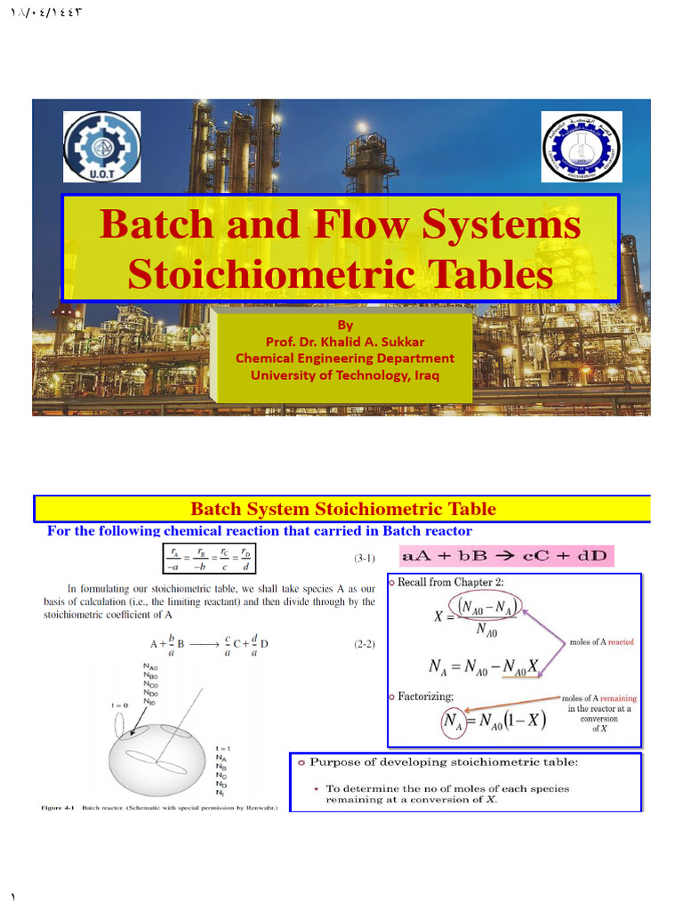 Batch and Flow Systems Stoichiometric Tables Prof DR Khalid A Sukkar ...