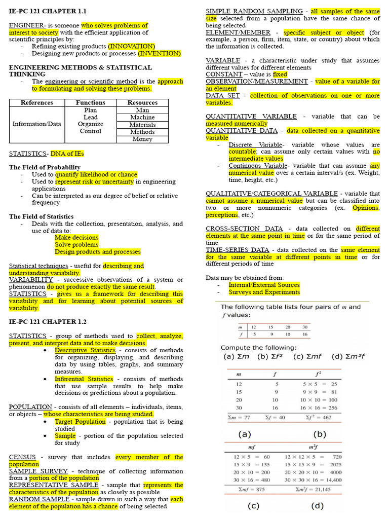 Ie-Pc 121 Notes Quiz 1 | PDF | Statistics | Sampling (Statistics)