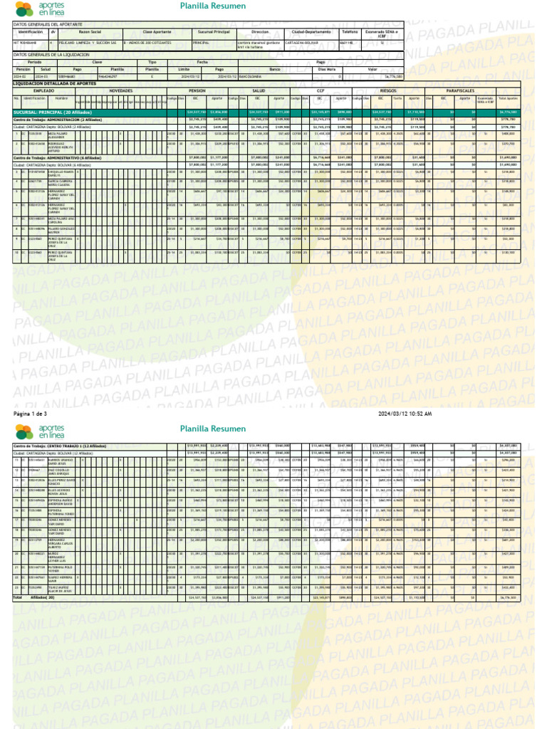 Planilla de Seguridad Pagada Marzo 2024 | PDF | Servicios financieros ...