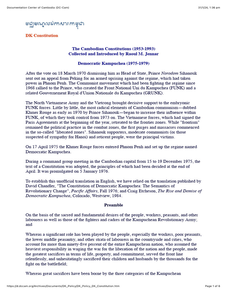 Democratic Kampuchea Constitution Overview | PDF | Democratic Kampuchea | Khmer Rouge
