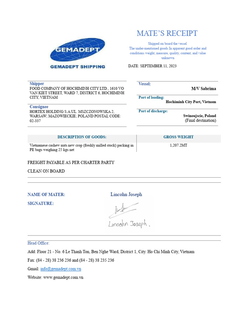 Mate's Receipt Dũng Làm | PDF