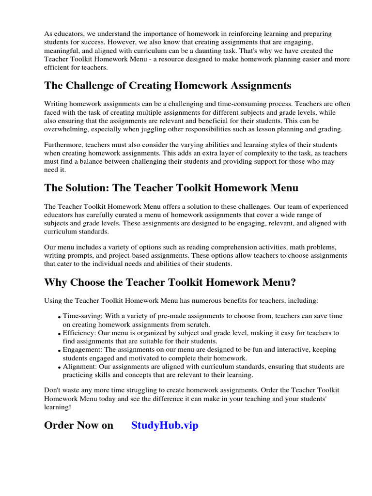 Teacher Toolkit Homework Menu | PDF | Homework | Teachers