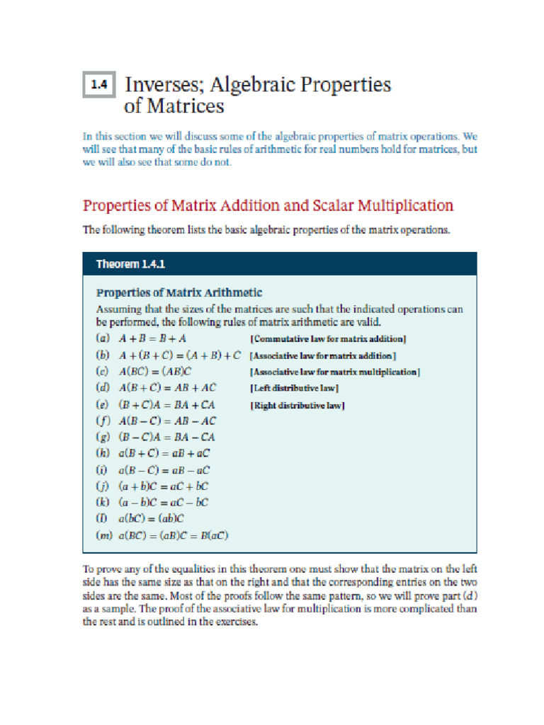 Inverses Algebraic Properties of Matrices NOTES | PDF