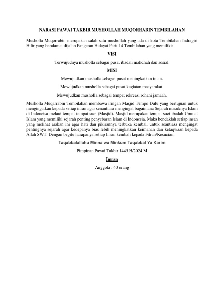 Narasi Pawai Takbir MUSHOLLAH MUQORRABIN | PDF