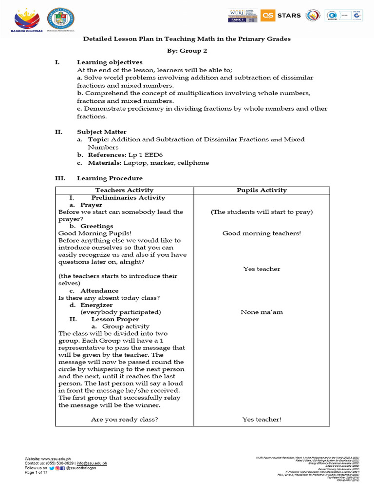 Math Lesson Plan for Primary Grades | PDF | Arithmetic | Division ...
