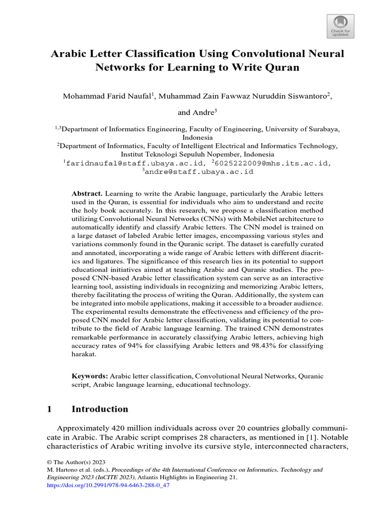 Arabic Letter Classification Using Convolutional Neural Networks For Learning To Write Quran ...