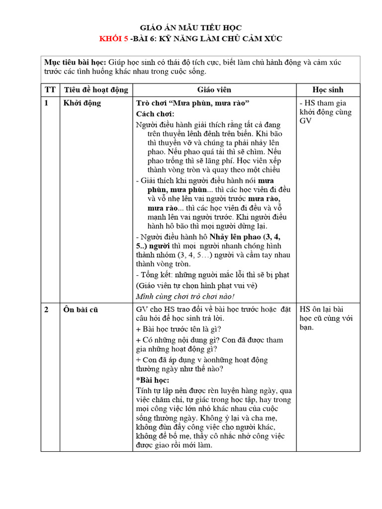 Giao An Mau Lop 5 Ky Nang Lam Chu Cam Xuc | PDF