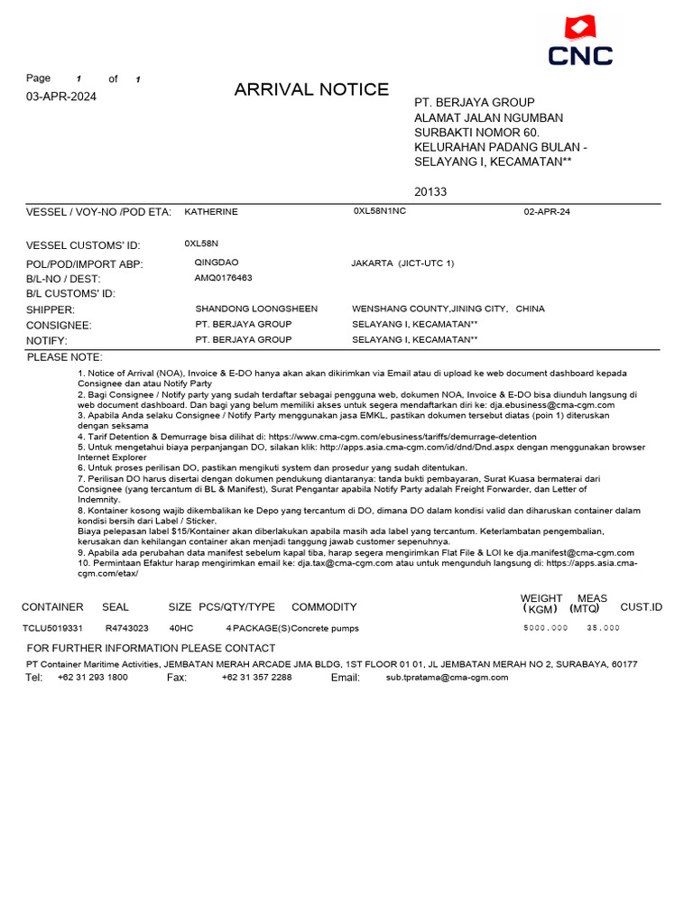 Noa - Cncaplc - Notice of Arrival - Katherine - 0xl58n1nc ...