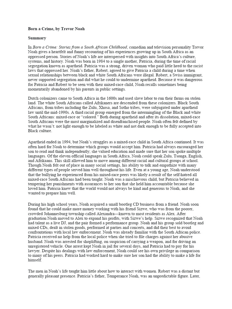Born A Crime Analysis | Download Free PDF | Apartheid | South Africa