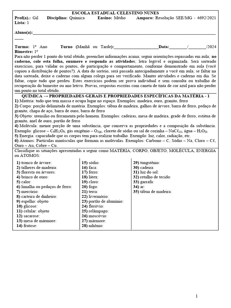 1º Ano 1º Bi Química Lista 1 Matéria Corpo Objeto