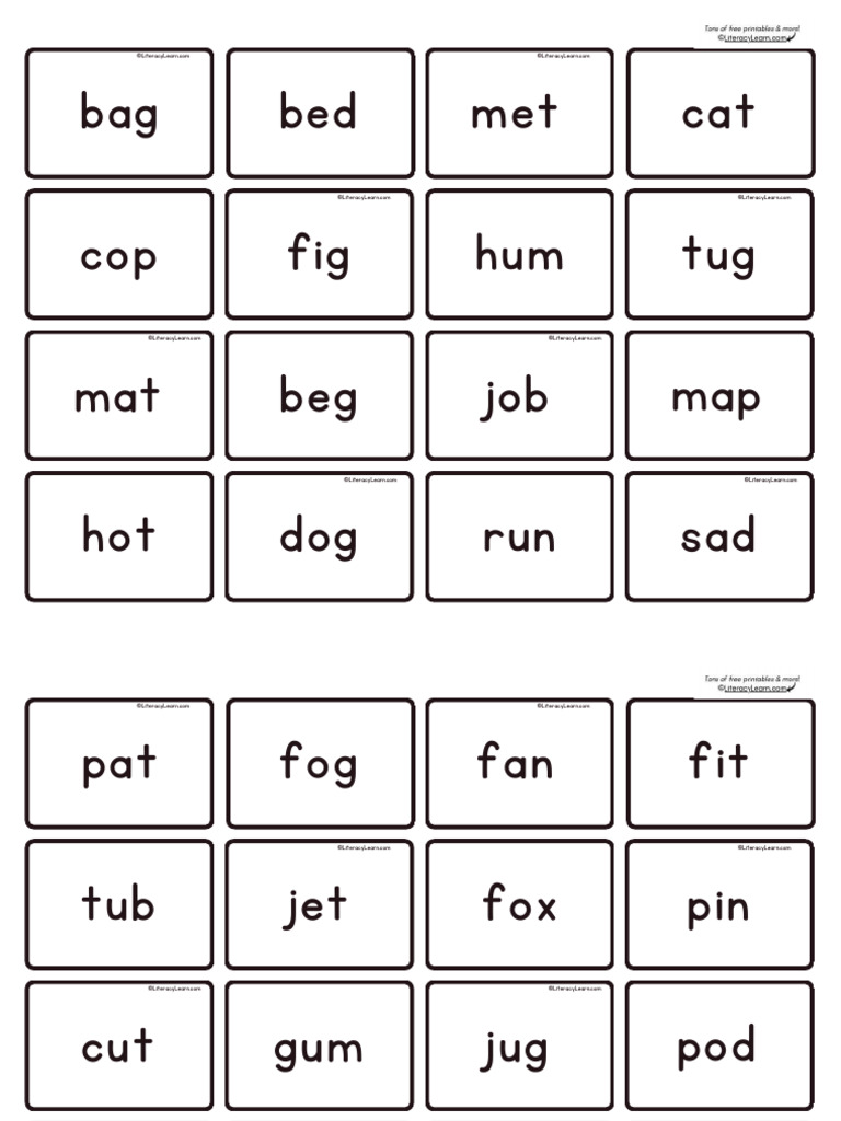 100 CVC Flashcards - Set 1 by Literacy Learn | PDF