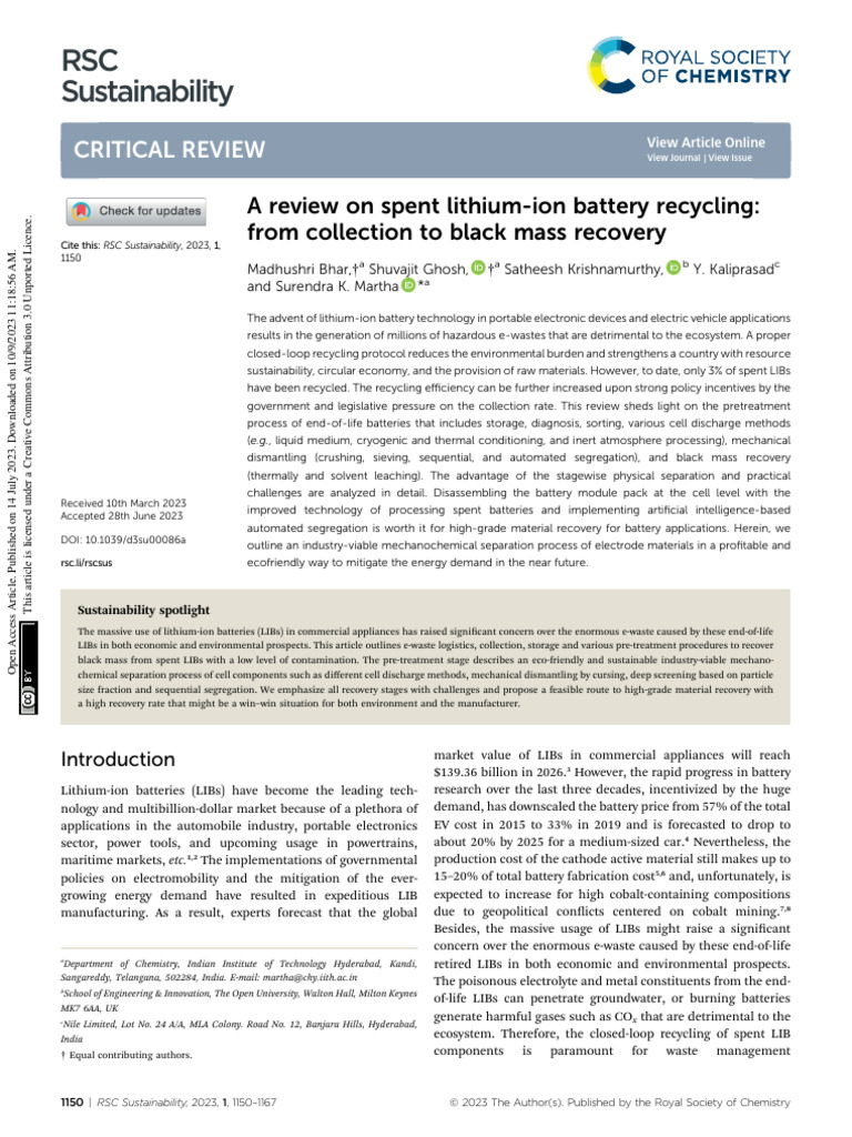 A Review On Spent LIB Recycling From Collection To Black Mass Recovery ...