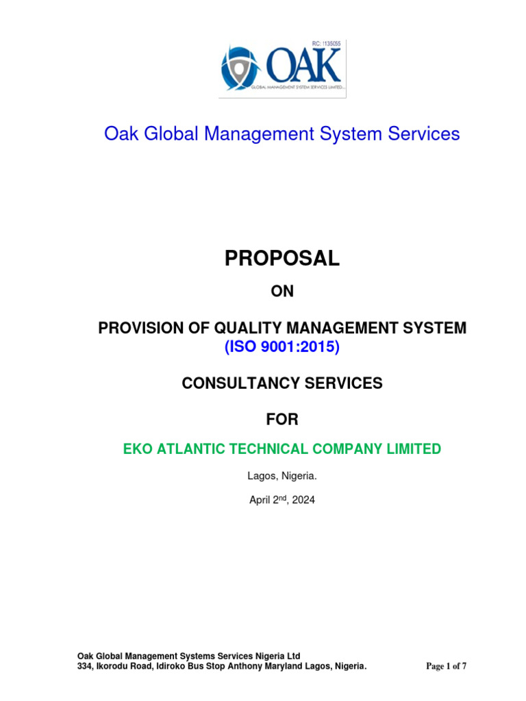 Proposal For QMS Consultancy Services - EKO Atlantic | PDF | Iso 9000 ...