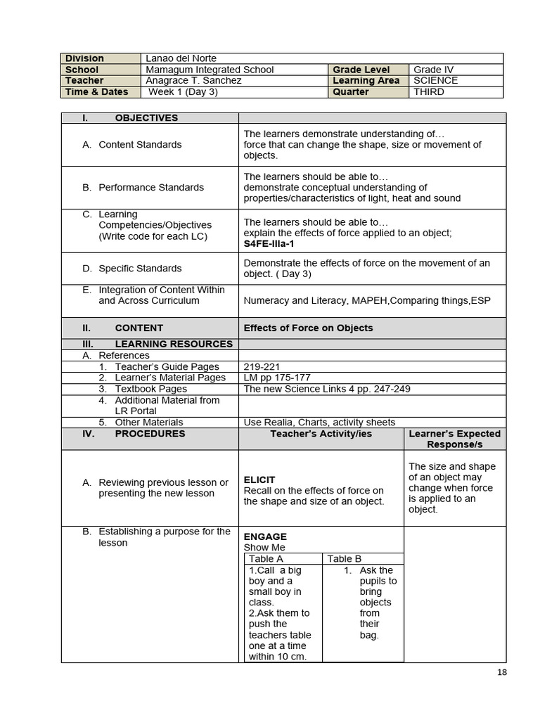 Science 4 Dlp Day 3 Pdf Force Learning