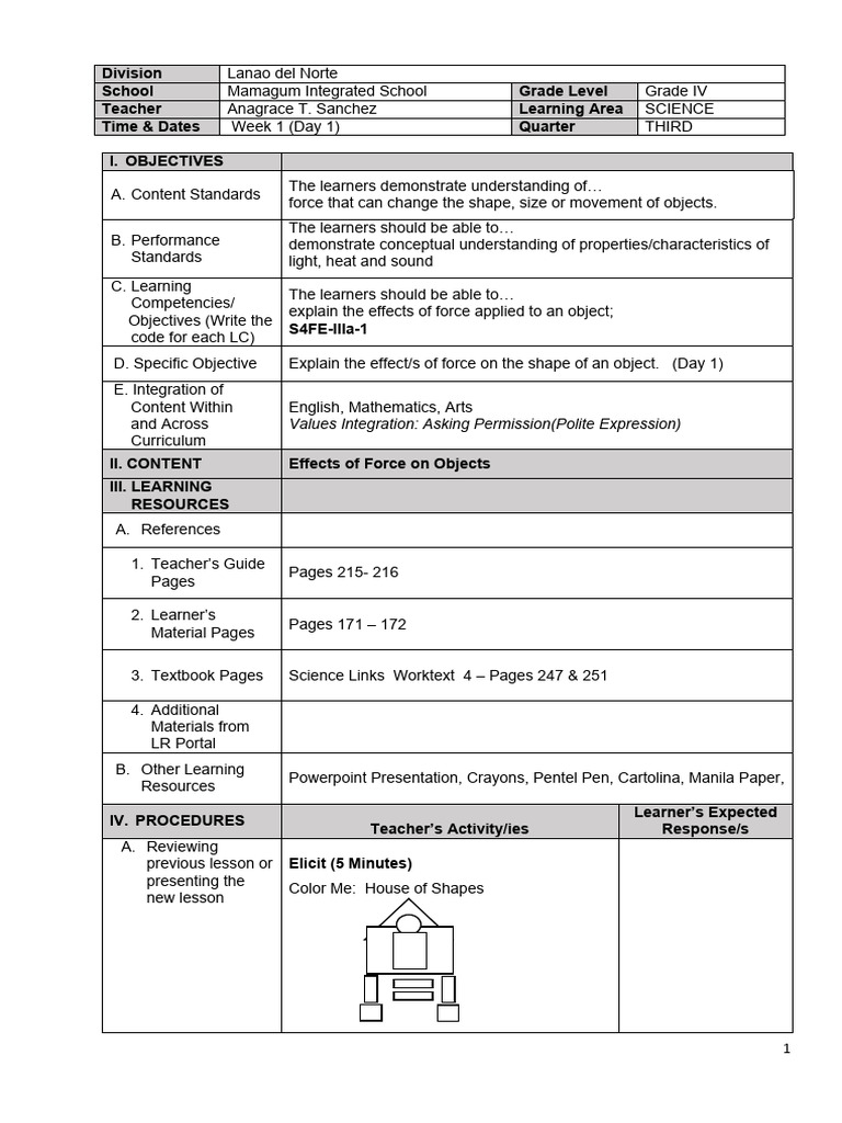 Science 4 DLP Day 1 | PDF | Force | Learning