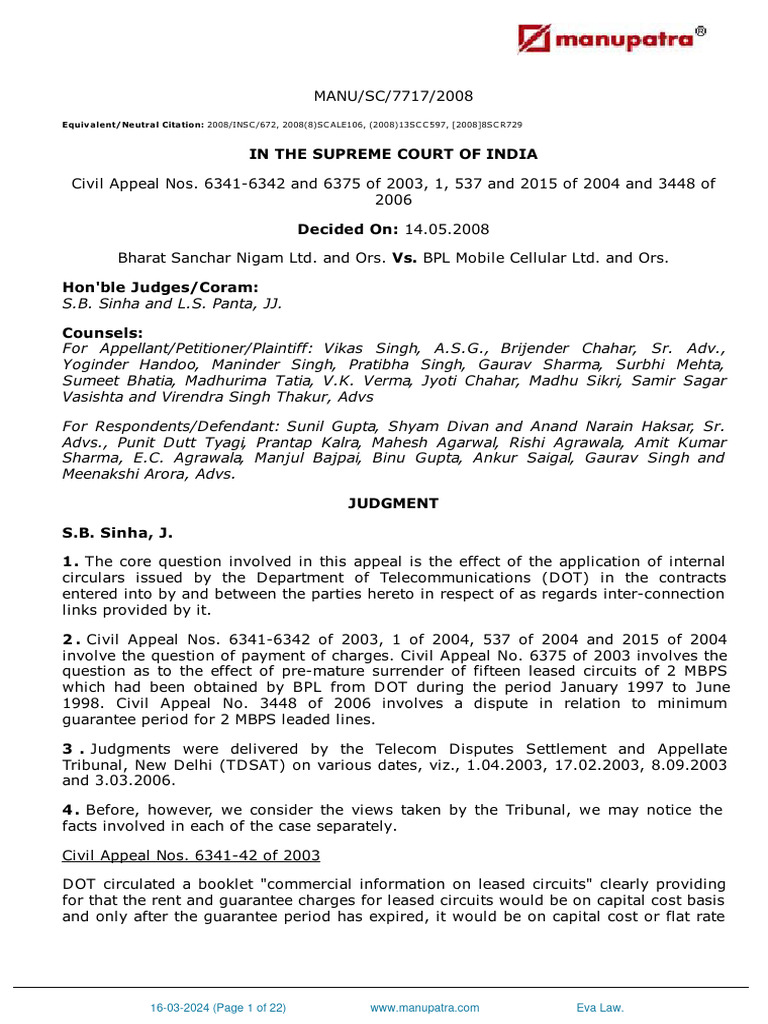 Bharat Sanchar Nigam LTD and Ors Vs BPL Mobile Cels080856COM432308 ...