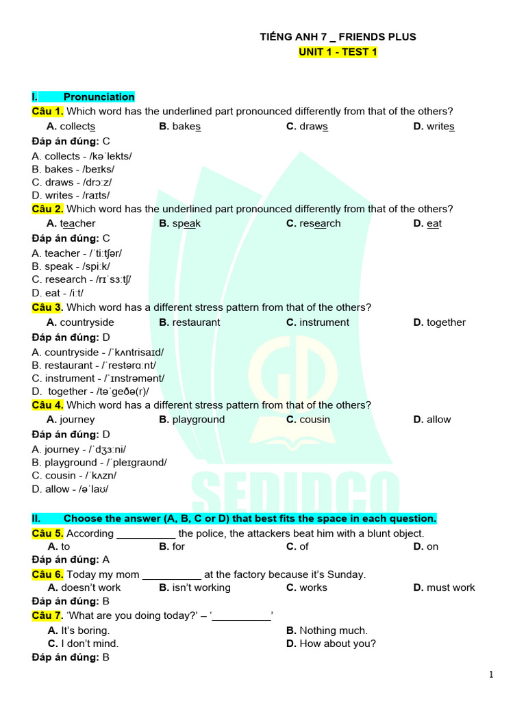 Tieng Anh 7 Friends Plus - Unit 1 - Test 1 (Key) | PDF | Noun | Syntax
