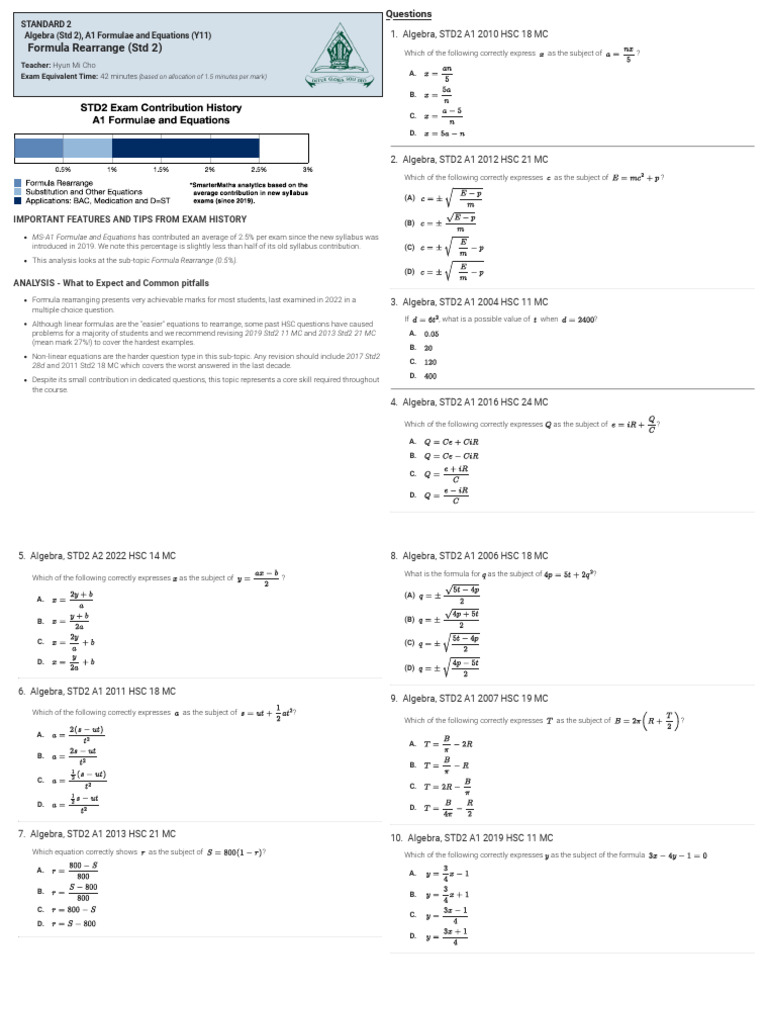 A1 Formulae and Equations - Formula Rearrangement | PDF | Algebra | Formula