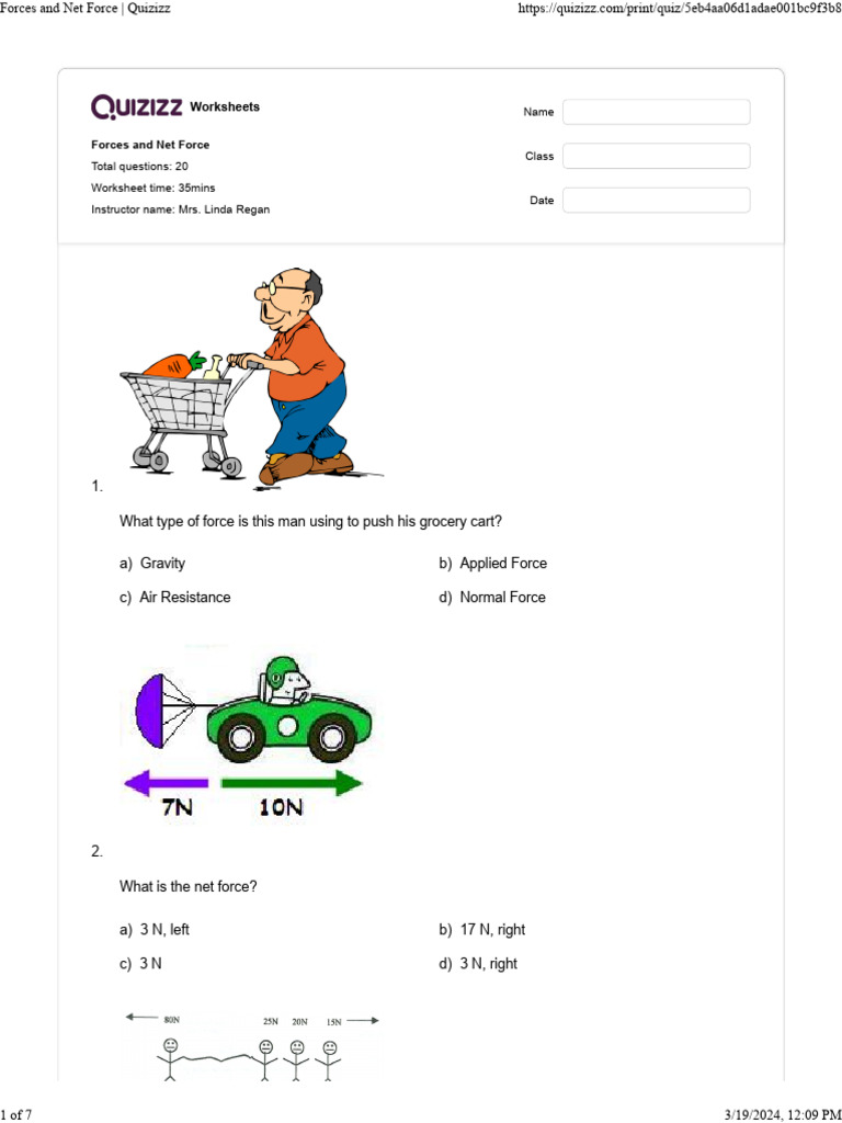 Forces and Net Force Quizizz | PDF | Force | Mass