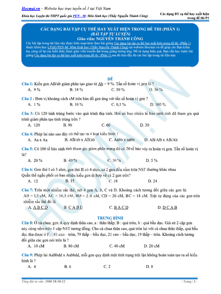 BTTL Cac Dang Bai Tap Hay Xuat Hien Trong de Thi Phan 1 - Sinh Hoc - Lop 12 | PDF