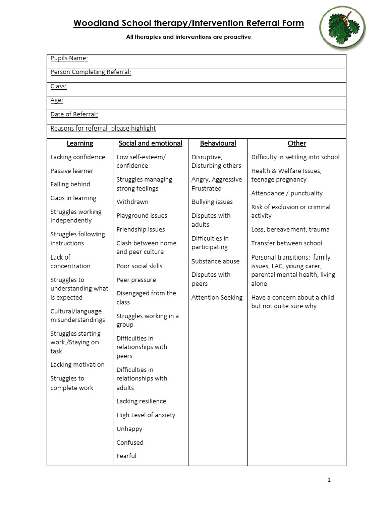Woodland School Therapy Referral Form | PDF | Psychological Resilience ...
