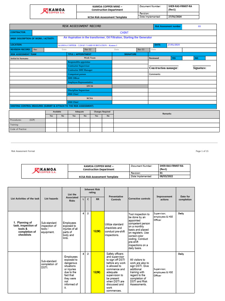 Kamoa Copper Mine Risk Assessment | PDF | Risk Assessment | Supervisor