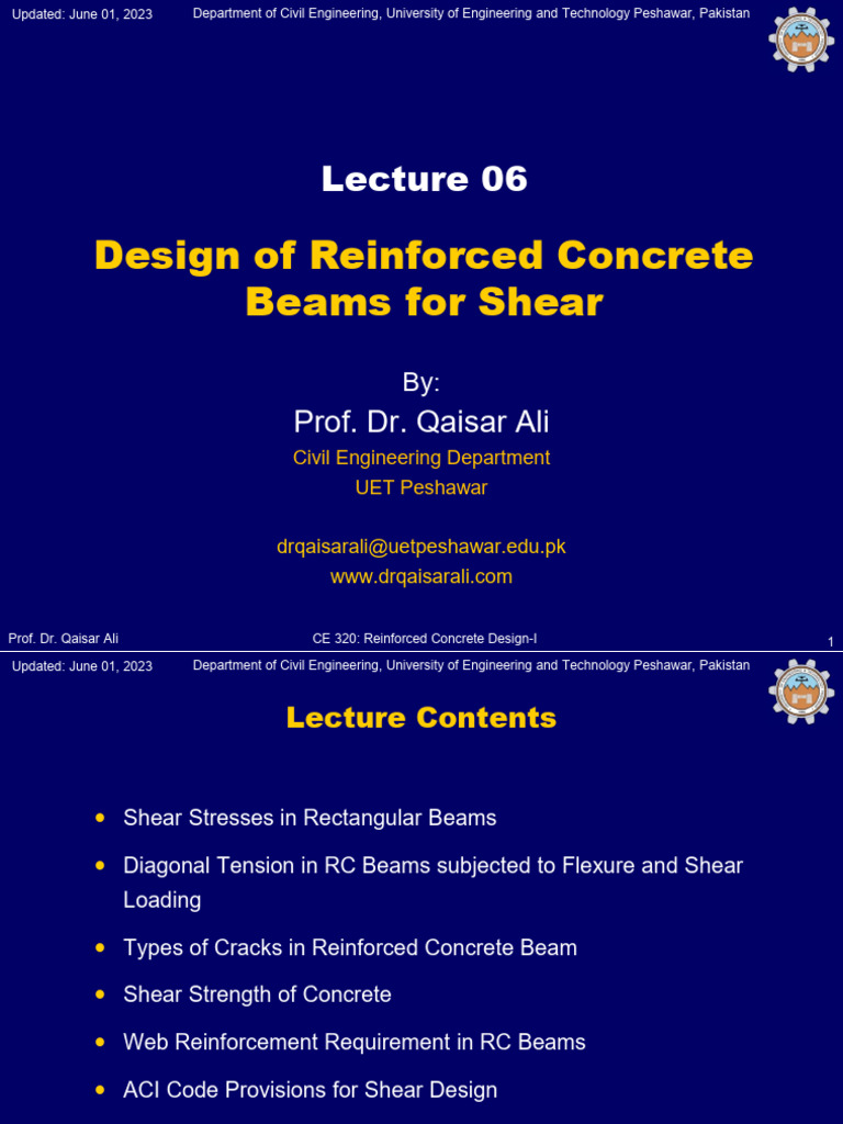 Lecture 06 Design of RC Beam For Shear Updated 01-06-2023 | PDF | Beam (Structure) | Bending
